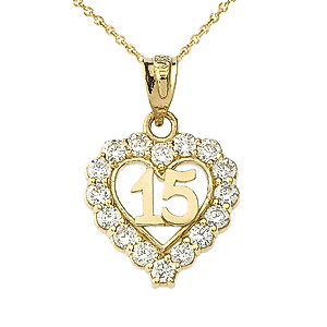 Elegant 14k Yellow Gold Quinceanera Open Heart Charm Pendant Necklace with Cubic Zirconia, 18"