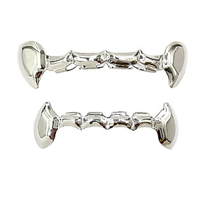 24K White Gold Plated Grillz Vampire Fangs Grill Top & Bottom Hip Hop Mouth Teeth Caps For Gift + Extra Molding Bars + Microfiber Cloth