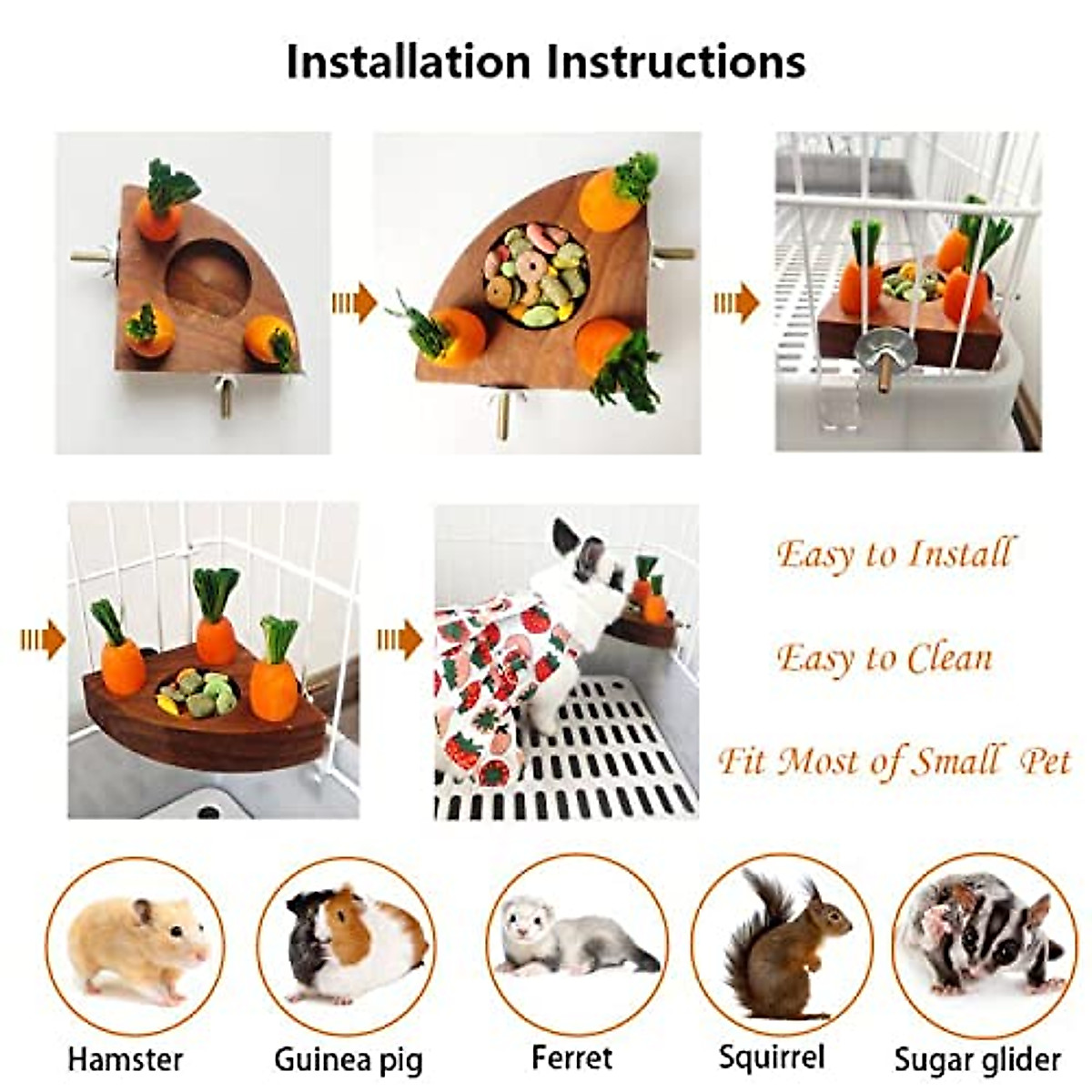 CooShou Hamsters Feeder Bowl Small Animals Guinea Pigs Corner Wooden Feeder Dishes with 3pcs Carrots Cage Feeder for Guinea Pigs, Hamster, Chinchilla Hedgehog Gerbil