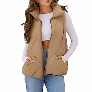 MEROKEETY Womens Puffer Vest Sleeveless Zip Up Quilted Coat Lightweight Stand Collar Gilet Jacket With Pockets Khaki Medium