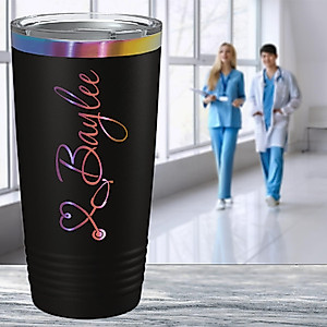 Personalized Heart Stethoscope Tumbler Gift for Nurse, RN, LPN, CNA, CMA, MA on Black with Ion Prism Design 20 oz Stainless Steel Tumbler with Lid - Insulated Cup - Custom Travel Mug
