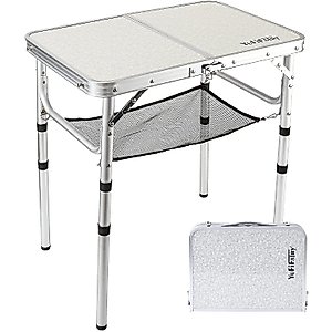 Small Folding Table 2 Foot, Portable Camping Table with Mesh Holders,Lightweight Aluminum Adjustable Height, with Carry Handle for Camping Picnic Indoor Outdoor, White 24 x 16 inch (3 Heights）