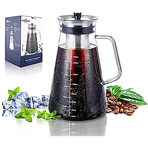 Aquach Airtight Cold Brew Coffee (Iced Tea) Maker 51oz/1.5L, BPA-Free, Durable Borosilicate Glass Pitcher and Stainless Steel Fine-Mesh Filter, Dishwasher Safe, Spill-proof, 6 Cups Capacity