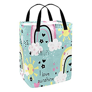 Cute Rainbow Clouds Sun Print Collapsible Laundry Hamper, 60L Waterproof Laundry Baskets Washing Bin Clothes Toys Storage for Dorm Bathroom Bedroom