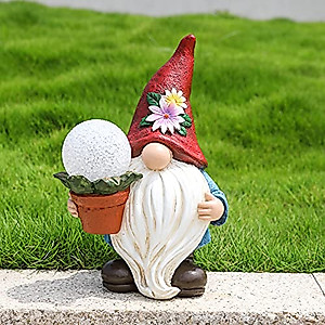 CANGYUANGE 11” Garden Gnome Statue Solar Decorations, Garden Decoration Outdoor Indoor Statue, Red Hat Big Dwarf Statue