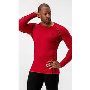 DEVOPS 2 Pack Men's Thermal Long Sleeve Compression Shirts (Large, Black/Red)