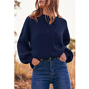 PRETTYGARDEN Long Sleeve Oversized Sweaters for Women Fall 2023 Crew Neck Solid Color Casual Knit Pullover Sweater Tops (Navy,Small)