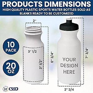 CSBD 20 oz. Bulk Water Bottles, Made in USA, Blank Plastic Reusable Water Bottles for Gym, Cycling, BPA Free, Plastic Water Bottles Pull Top Cap for Sports, White Bottle/Black Lid - 10 Pack
