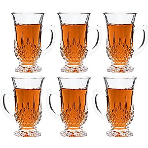 Red Co. 6-Pack Classic Clear Cut Glass 4.5 Oz Footed Turkish Tea Cups with Handles, Etched Design