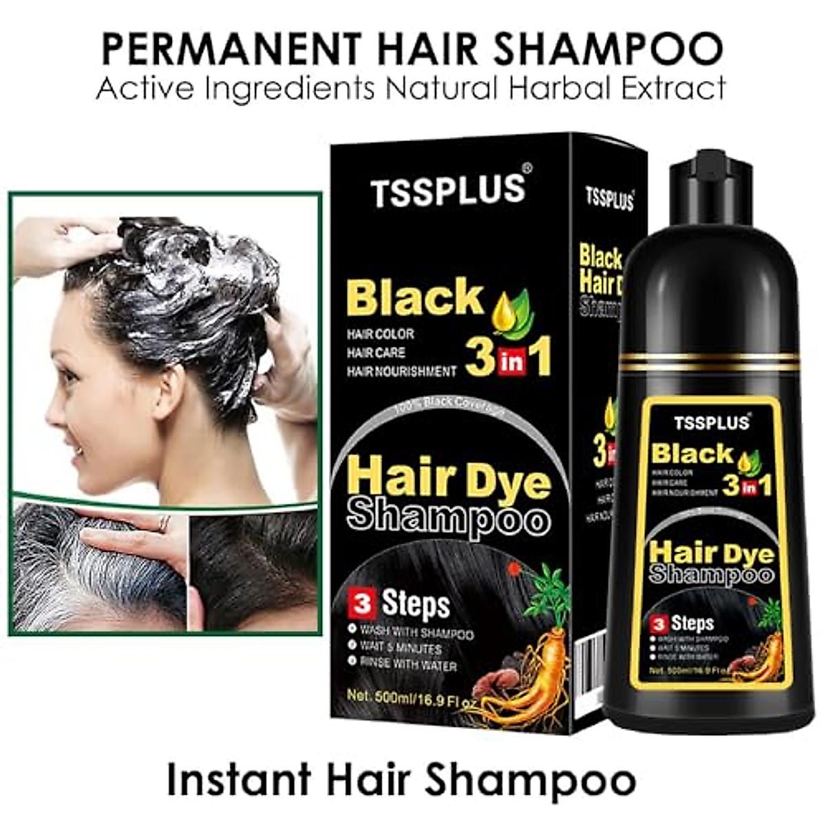 TSSPLUS Black Hair Dye Shampoo, 500ml - Organic Natural Hair Color Dye Shampoo for Women & Men, Instant Gray White Hair Cover, Plant Essence, Semi-Permanent