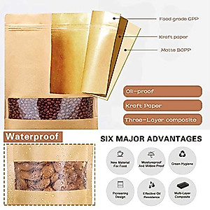 KLATIE 50pcs Kraft Stand Up Pouches, 3.5"×5.5" Zip Lock Food Storage Bags with Window, Reusable, Heat-Sealable Bags for Cookies Coffee Tea