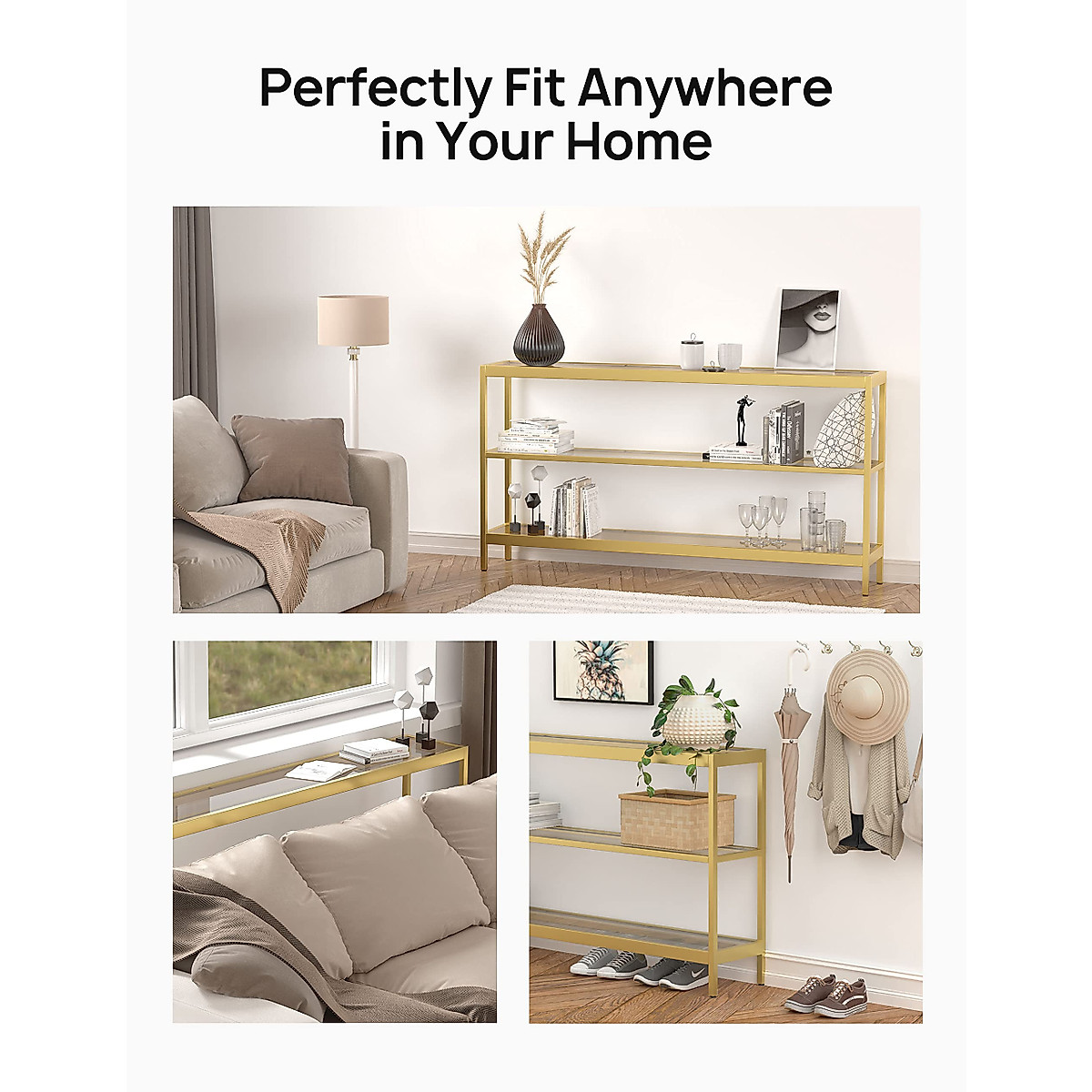 Evajoy Console Table, 55" Entryway Table with 3 Tiers, Open Glass Sofa Table for Living Room, Foyer, Entryway, Bedroom, Hallway