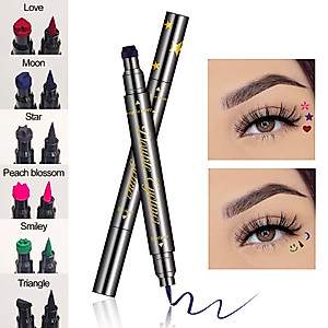 Jutqut 6Pcs Double-head Liquid Stamp Eyeliner, Colored 6 in 1 Stars Flowers Hearts Moon Smiley Face Triangle Stamps Makeup Stamp Set, Waterproof Slim Gel Felt Tip Liquid Eyeliner Colorful Set Wingliner Shapes