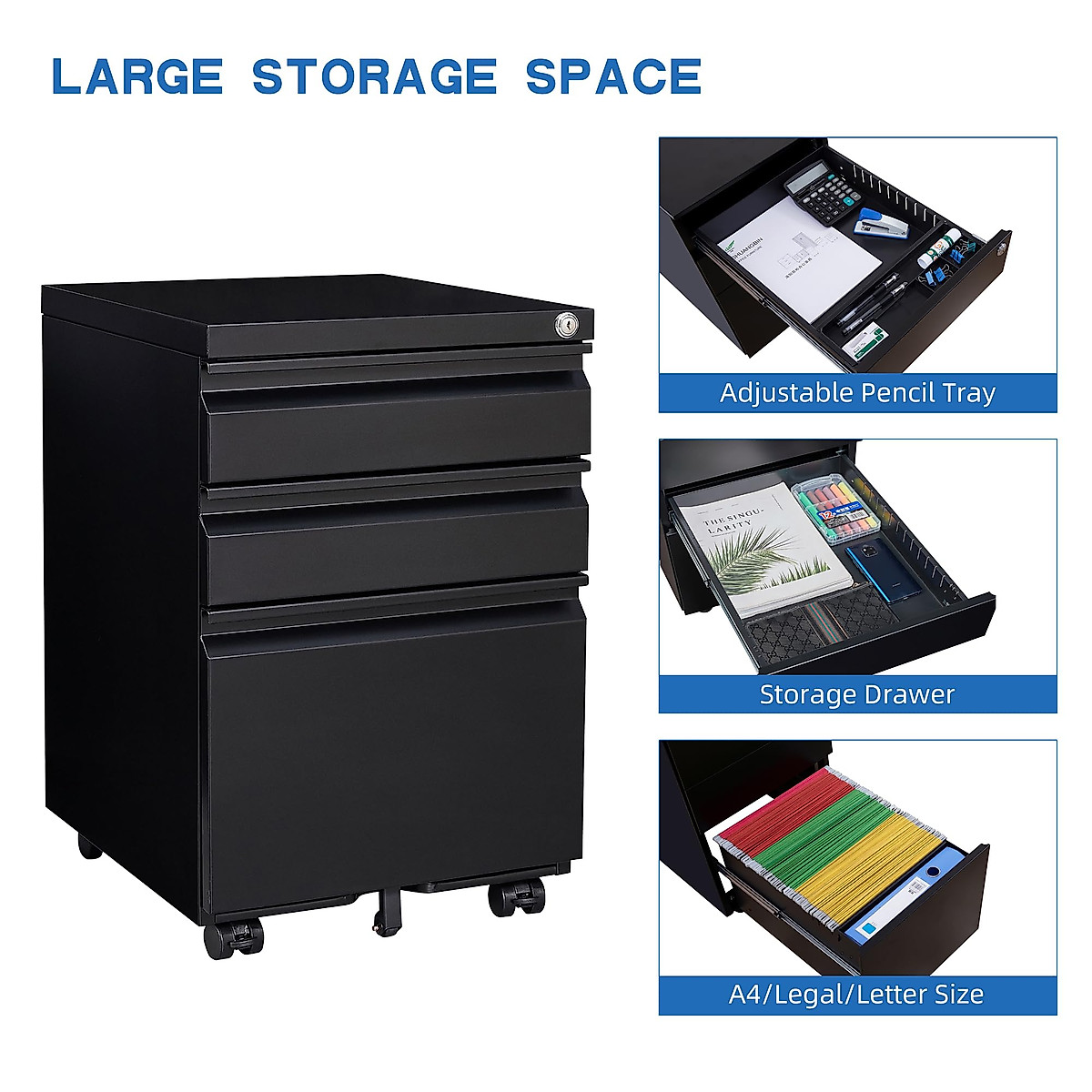 Gustonhon 3-Drawer Mobile File Cabinet with Lock,Under Desk Home Office Storage Filing Cabinet for Legal/Letter Size, Pre-Assembled Metal File Cabinet Except Wheels (Black)