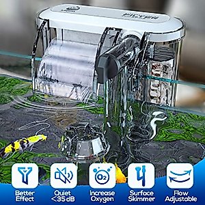LAQUAL 5-10 Gallon Aquarium Filter with Surface Skimmer, Small Quiet Fish Tank Filter, 3-Layer Filtration & Adjustable Water Flow, Waterfall Design for Increasing Oxygen, Hang on Back Filter