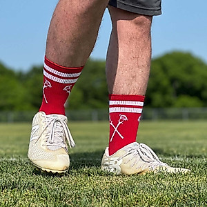 ChalkTalkSPORTS Lacrosse Woven Mid-Calf Socks | Retro Crossed Sticks | Red & White
