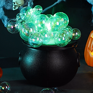 Jenaai 96 Pcs Halloween Bubbling Cauldron Set with 40 Ball Ornaments 2 Lights String 20 g Spider Webs 2 Fake Spider 50 Adhesive Points for Party(Warm White, Green)