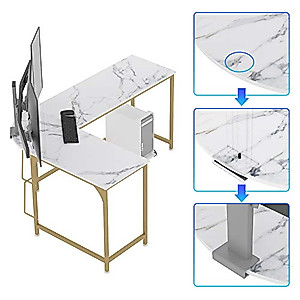 Teraves Reversible L-Shaped Desk Corner Gaming Computer Desk Office Workstation Modern Home Study Writing Wooden Table (Large, White Marbling+ Gold Frame)