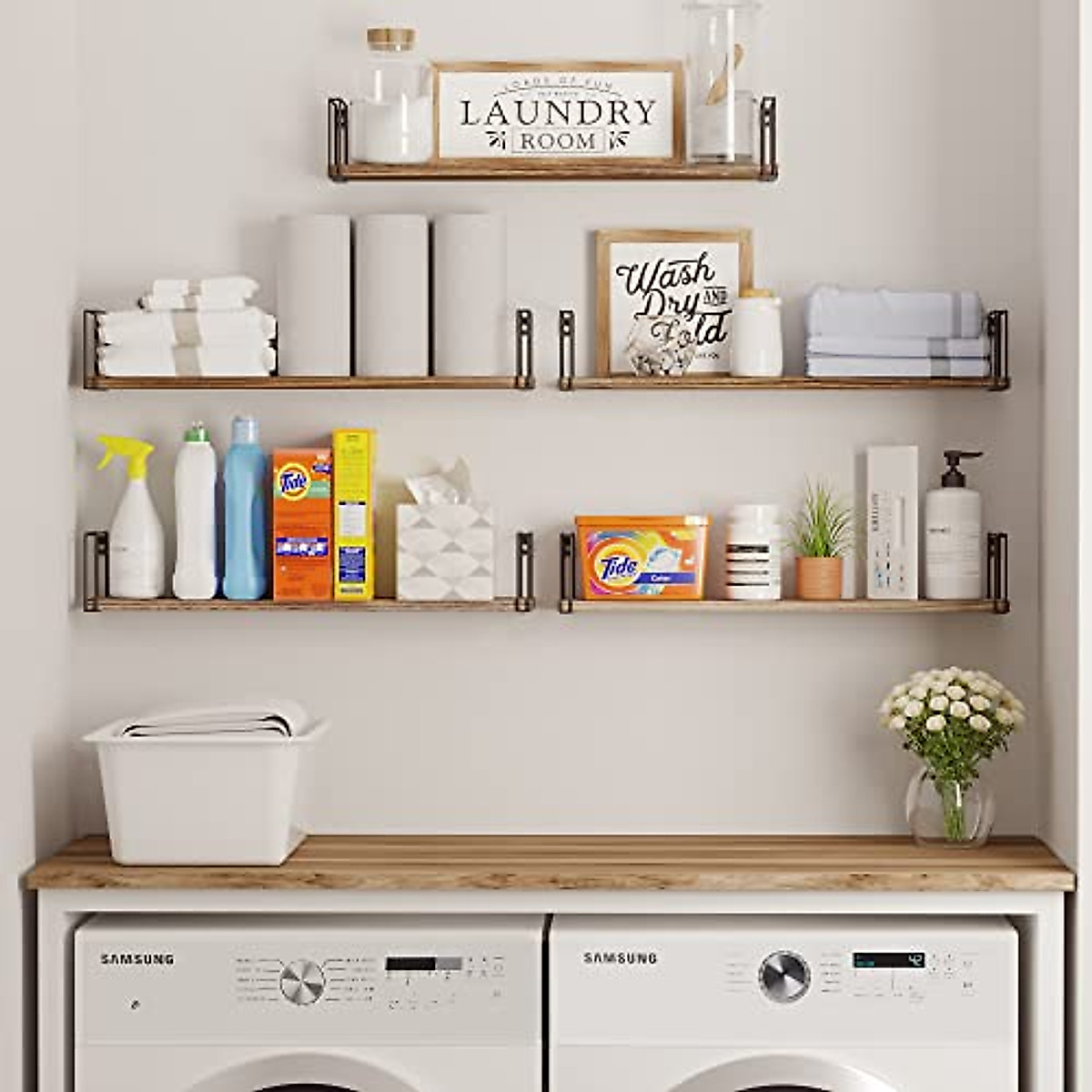 Wallniture Avila 24" Floating Shelves for Wall, Kitchen Organization & Office Shelves, Bookshelf for Living Room Decor, Laundry Room Shelves Set of 5 Burnt Finish