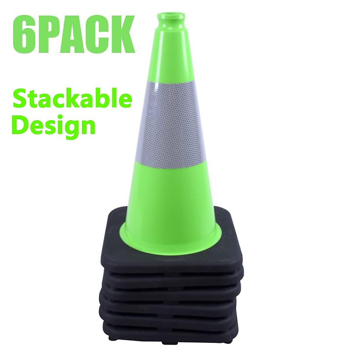 BESEA 6Pack 18" inch Traffic Cones Green Safety Cones PVC Construction Cones with 6 inch Reflective Collar for Home Driveway Road Parking Use(6 Cones)
