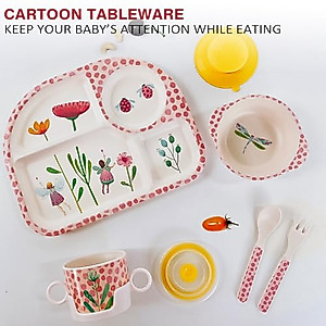 shopwithgreen 7Pcs/Set Bamboo Kids Dinnerware Set - Children Dishes - Food Plate Bowl Cup Spoon Fork Set Dishware, Cartoon Tableware, Dishwasher Safe Kids Healthy Mealtime, BPA Free