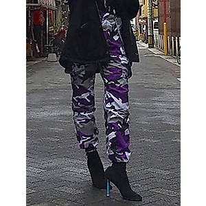 ZODLLS Women's Camo Pants Cargo Trousers Cool Camouflage Pants Elastic Waist Casual Multi Jogger Pants with Pocket Purple Camo-XL