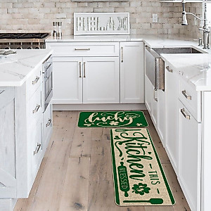 Artoid Mode This Kitchen is Blessed Luck Clover Shamrock Decorative Kitchen Mats Set of 2, Home Party Home Kitchen Rugs - 17x29 and 17x47 Inch