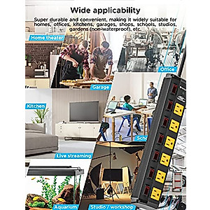 Power Strip with Individual Switches and Flat Plug, CRST 6-Outlet Metal Heavy Duty Surge Protector (1200 Joules), 6-Feet 14AWG Cord with Hook and Loop Fastener, 15A Circuit Breaker