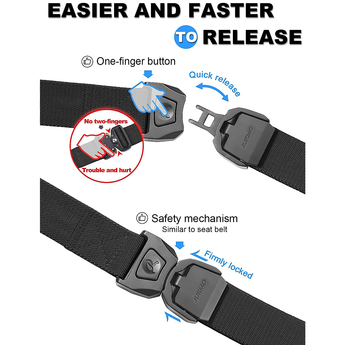 JUKMO Quick Release Tactical Belt, Military Work 1.5" Nylon Web Golf Belt with Heavy Duty Seatbelt Buckle (Black, Large-for Waist 42"-46" (Length 53"))