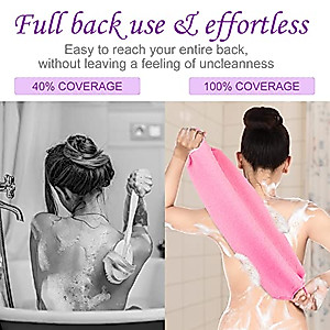 Exfoliating Back Scrubber with Handles 4 Packs Nylon Back Exfoliator Extended Length Back Washers Scrubbers Stretchable Pull Strap Exfoliating Washcloth (Pink, Blue, Fluorescent Green, Purple)