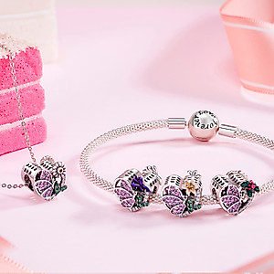 NINGAN June-Rose &Butterfly Birth Charm for Bracelets 925 Sterling Silver Pendant Bead with Cubic Zirconia Birthday Jewelry Gifts for Women Wife Mom Her