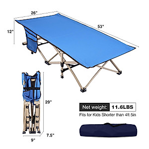 REDCAMP Extra Long Kids Cot for Sleeping 2-7 Years, Portable Travel Toddler Cot Bed with Carry Bag, Lightweight for Outdoor Indoor Home, Blue 53''x26''