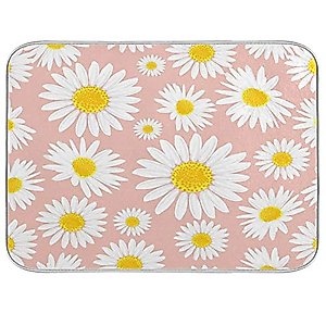 Flower Daisy Print Dish Drying Mat 16"x18" Absorbent Machine Washable Hanging Fast Dry Pad Dish Protective Mat for Kitchen Countertop Heat Resistant Dinner Table Mat