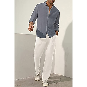 JMIERR Mens Casual Linen Pants Loose Fit Straight Legs Lightweight Elastic Waist Drawstring Trousers Summer Beach Yoga Pant Baggy US 34(M) White