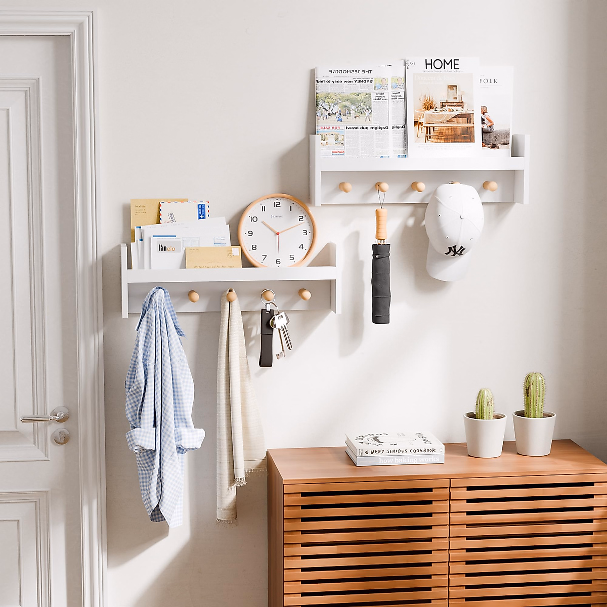 YEMNMFH Nursery Floating Shelves Set of 2 - Pine Wood Kids Shelves, Wall Shelf with Hooks, 24 Inches Floating Shelves for Wall Storage, Nursery Shelves for Kids Room, Bedroom, Entryway(White)