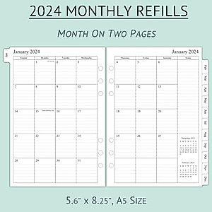 2024 Monthly Planner Refill for A5 Binder, Two Page Per Month, January 2024 - December 2024, 5.6"x8.25", 6-Hole Punched