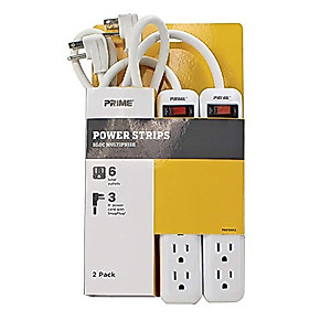 Prime Wire & Cable PB8100X2 6-Outlet Power Strip with Right Angle Plug and 14-3 SJT 3-Feet Cord, 2-Pack,White