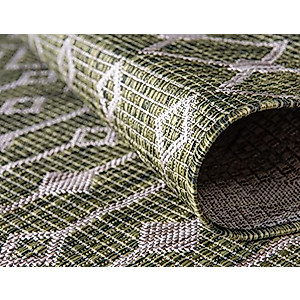 Unique Loom Outdoor Trellis Collection Area Rug - Tribal Trellis (2' x 8' Runner, Green/ Natural)