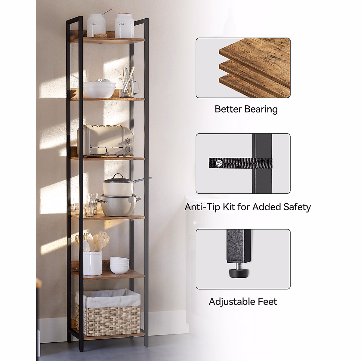 bresurv 6-Tier Bookshelf, Narrow Bookcase with Open Shelves, Talll Book Shelf Coner Shelf for Living Room, Bedroom, Home Office, Study, Bathroom,11.5 x 15.7 x 72.6 Inches, Rustic Brown and Black