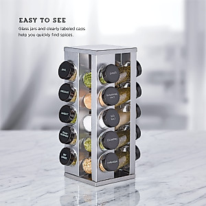 Kamenstein Brushed Stainless Steel 20-Jar Revolving Countertop Spice Rack, Pre Filled Spice in the USA, 5 Year Free Refills, Removable Sifter Cap with easy to Refill Glass Jars Labeled