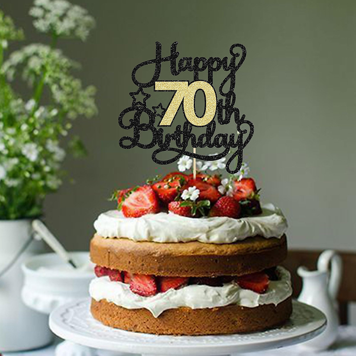 1Pc Happy 70th Birthday Cake Topper Glitter Cheers to 70 Years Cake Topper 70 Fabulous Cake Decoration for Happy 70th Birthday Anniversary Party Cake Decorations Supplies Black Gold