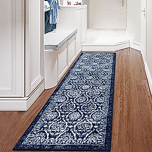 Antep Rugs Alfombras Non-Skid (Non-Slip) 2x7 Rubber Backing Floral Geometric Low Profile Pile Indoor Area Runner Rugs (Navy Blue, 2' x 7')