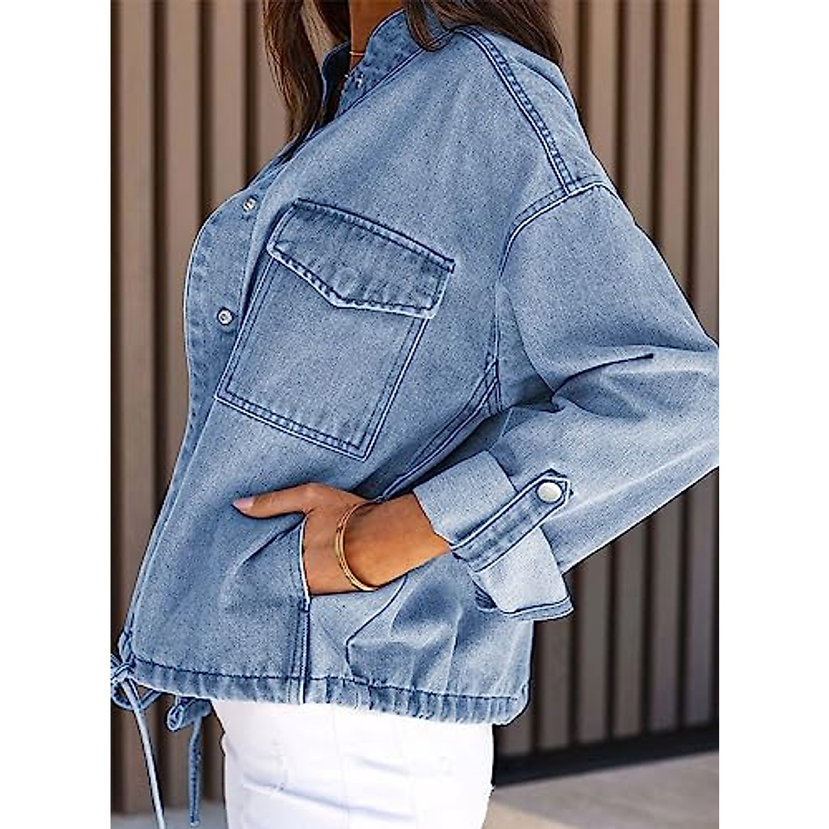 Dokotoo Jean Jackets for Women Cropped Jackets Fashion Spring Fall 2023 Casual Long Sleeve Utility Cargo Denim Jacket Button Down Trucker Shacket Jackets Coat with Pockets Sky Blue Medium