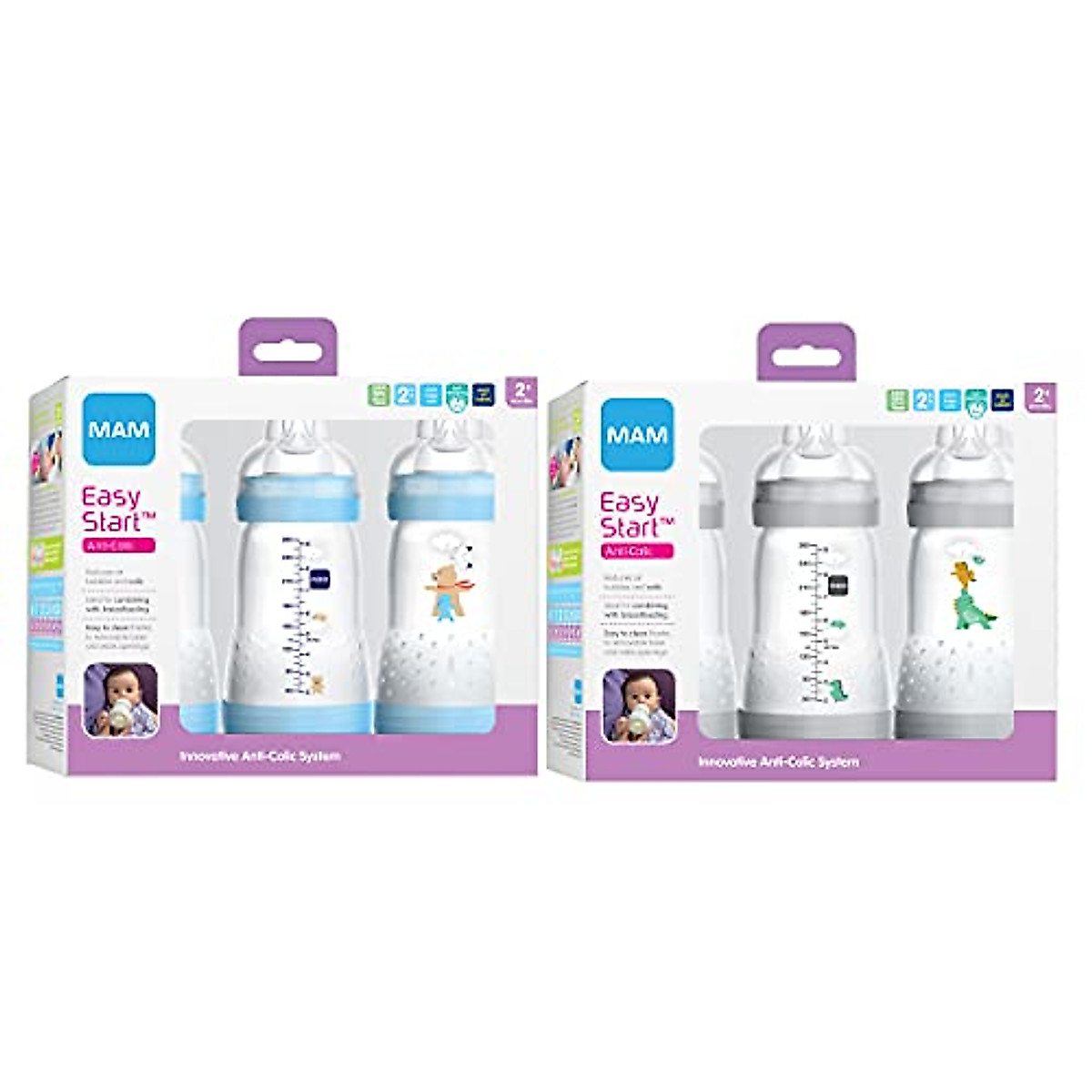 MAM Easy Start Anti-Colic Medium Flow Bottles 9 oz (6-Count), Gray and Blue