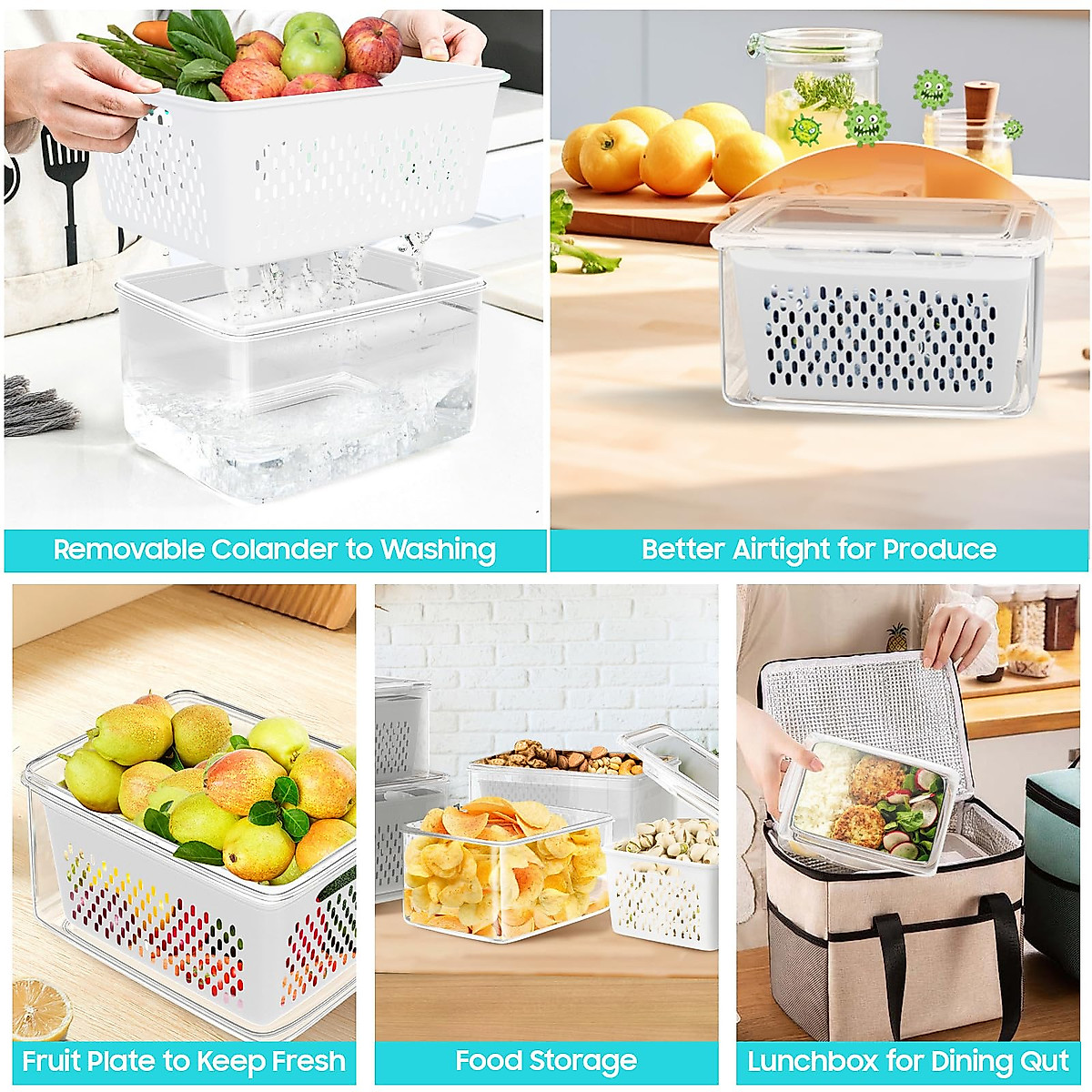 Cthglong 5 PCS Fruit Containers for Fridge, Food Storage Containers with Removable Colander, Dishwasher & Microwave Safe Produce Container, Fridge Organizers Keep Fruit, Berry, Vegetable, Fresh Longer