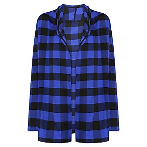 Women's Long Sleeve Open Front Cardigan Buffalo Plaid Knitted Tops Shirts Blue