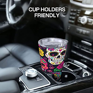 AYCZN Flower Mexico Skull 20 OZ Tumbler Stainless Steel Travel Coffee Mug, Floral Skeleton Insulated Water Bottle with Lid and Straws Leakproof Thermal Cup