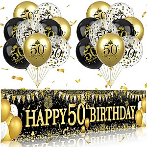 50th Birthday Decorations for Men Women, Black Gold 50th Birthday Yard Banner and 50th Happy Birthday Balloons for 50th Birthday Party Decorations Cheers to 50 Years Birthday Decor Indoor Outdoor