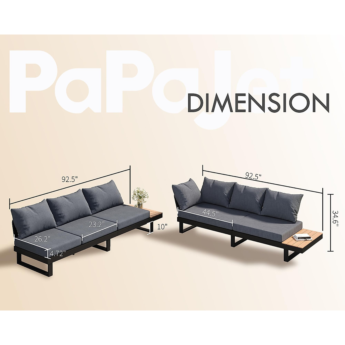 PaPaJet Aluminum Patio Conversation Set with Adjustable Backrest, 6 Piece Modern Outdoor Furniture Set with Wood Side Table for Backyard Poolside Porch, Gray