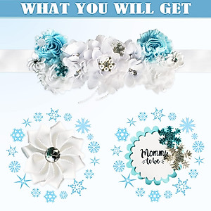 Hombae Frozen Maternity Sash Belt for Baby Shower Blue Snow Flake Mommy To Be & Daddy To Be Badge Corsage Pin Set for Frozen Party Decorations Supplies